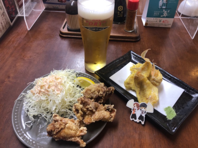 いとよりの天ぷら、鳥の唐揚げ、エクストラコールド : サウナ&カプセルホテルレインボー本八幡店（市川市）のサウナ飯 - サウナイキタイ